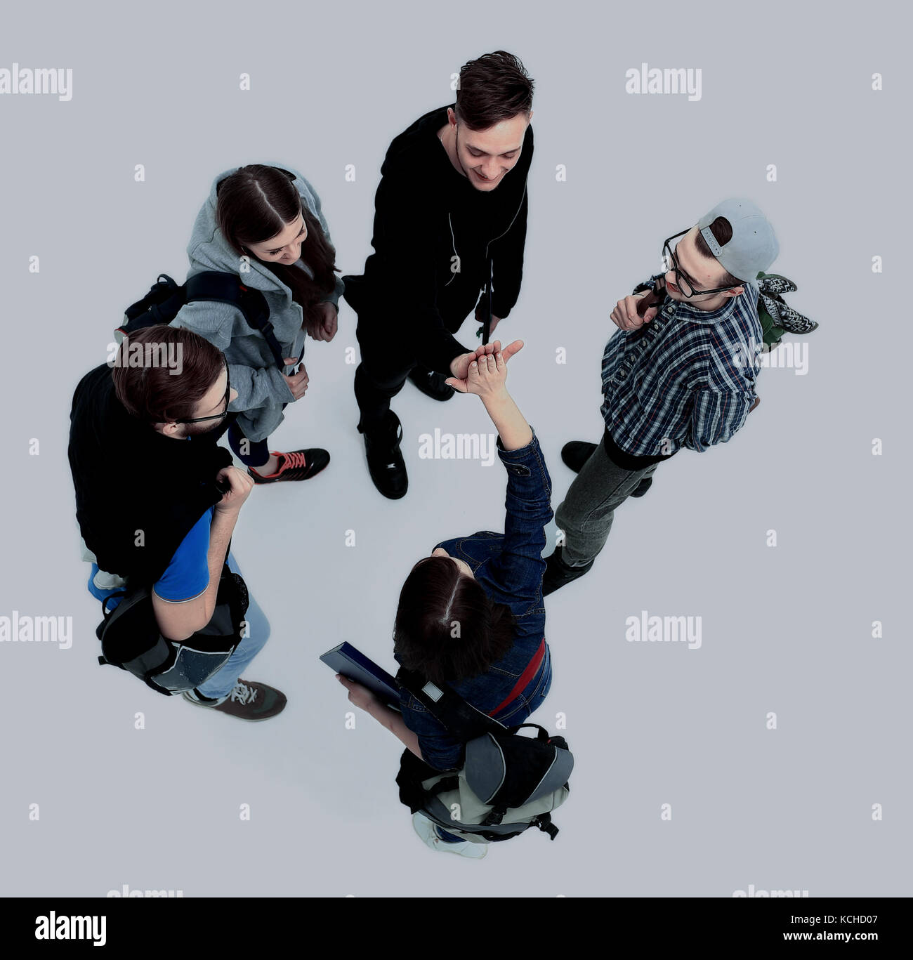 Top view. Happy smiling young group looking at camera Stock Photo - Alamy