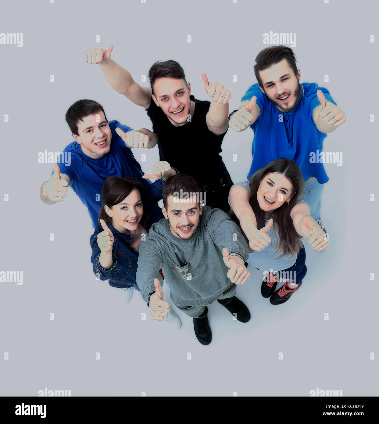 Happy joyful group of friends cheering isolated on white background ...