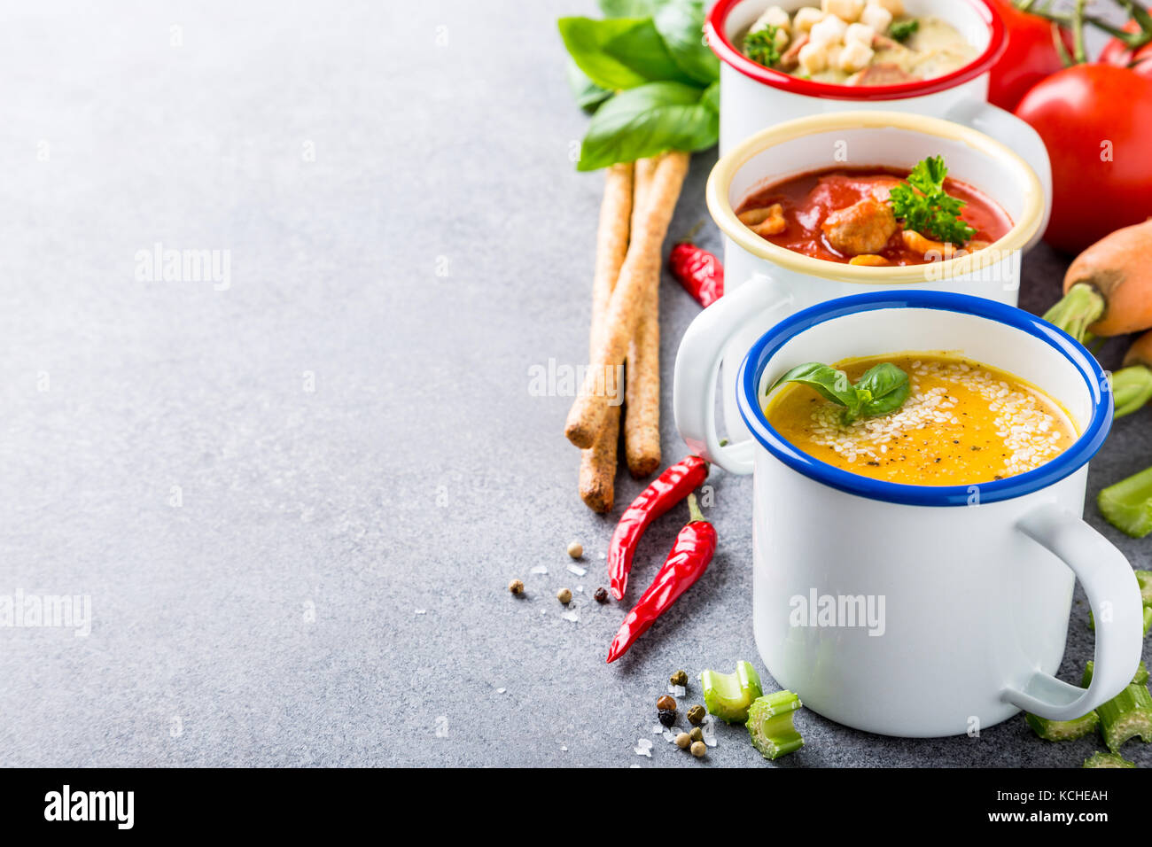 Homemade assorted soups with ingredients Stock Photo - Alamy