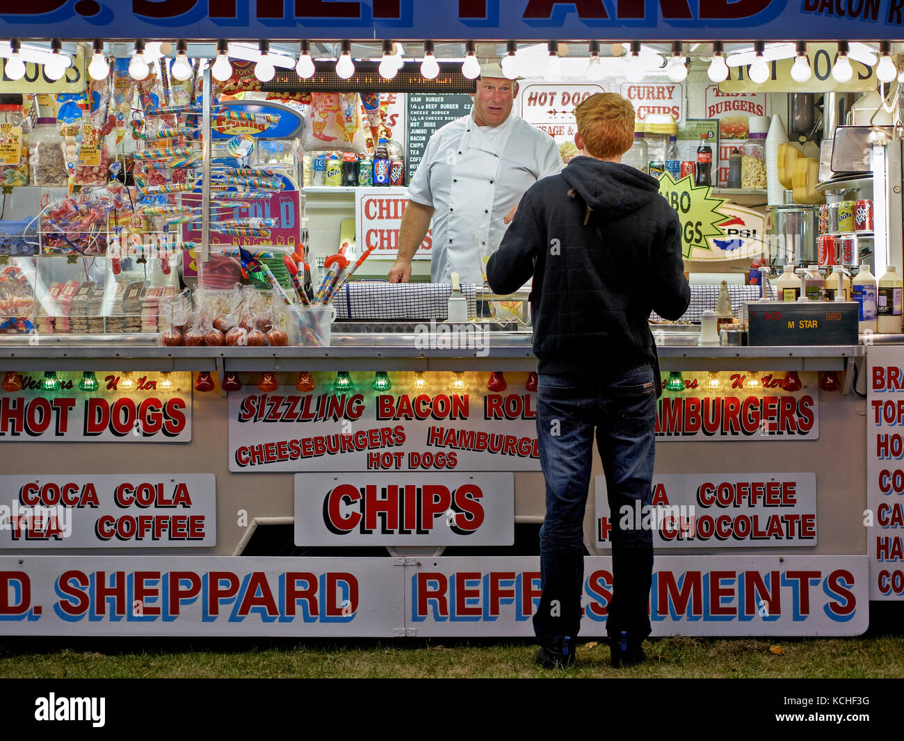 Fast food stall, UK. Fairground burger, hot dog stall. England. Junk ...
