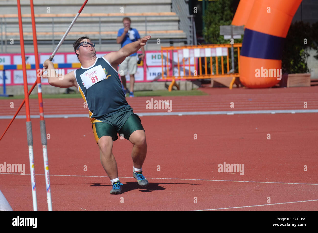 Down syndrome athlete with javelin. Trisome Games 2016. Florence, Italy ...