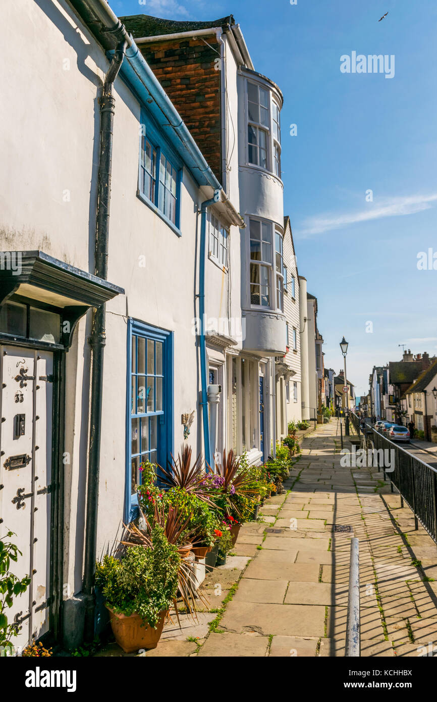 Flagstone pavement and period homes in Hastings fishing town Stock ...