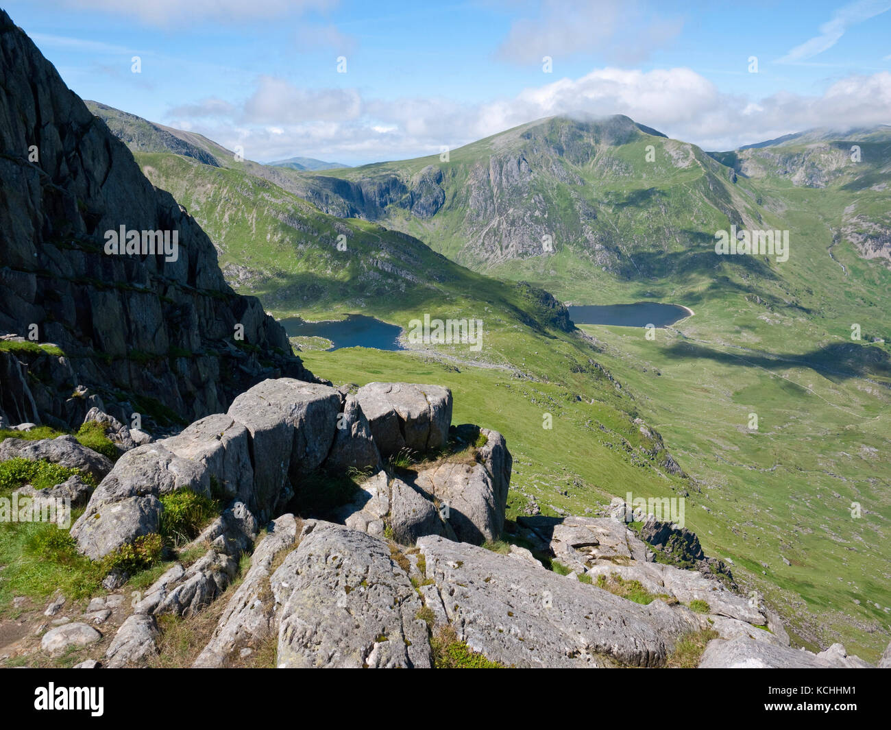 A view from the north ridge of Tryfan across Cwm Bochlwyd and Cwm Idwal ...