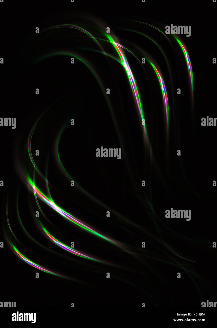 Curved shining iridescent strips fireworks diverge on black background ...