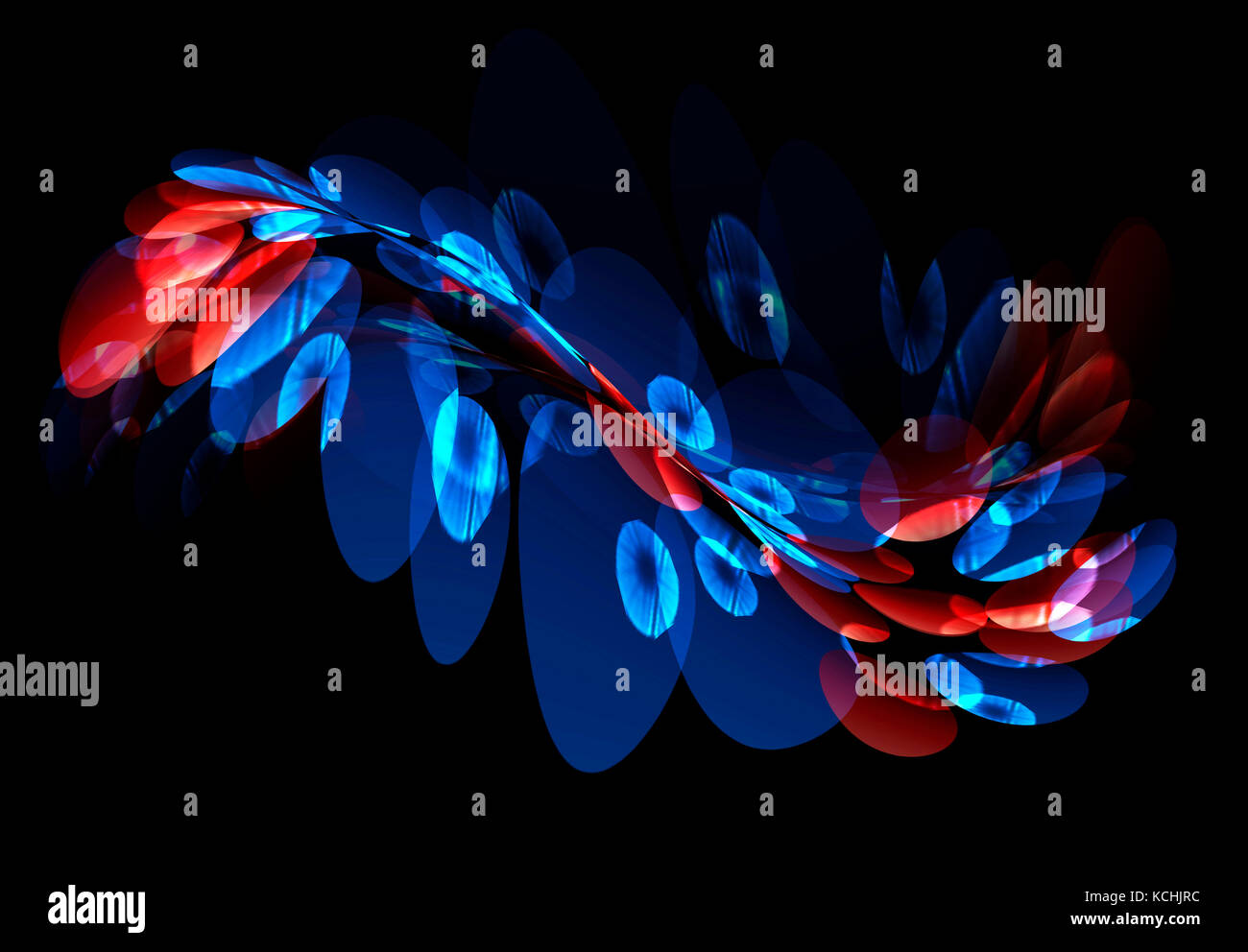 Abstract black with bright glowing red and blue circles twisted into in ...