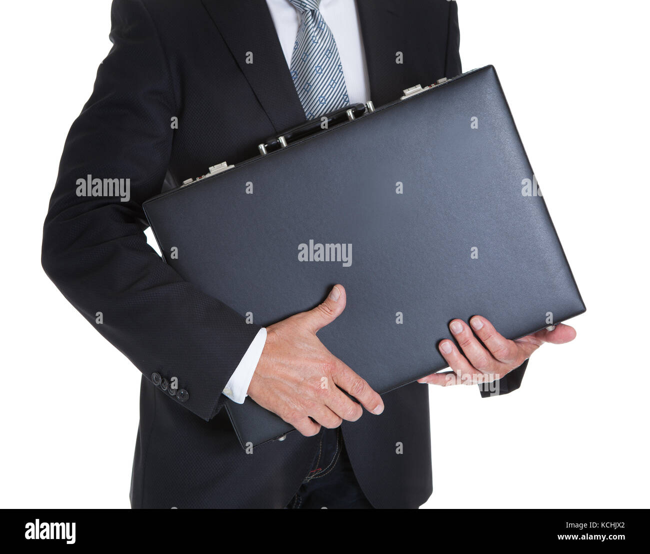 Close-up Of Businessman Holding Briefcase Over White Background Stock ...