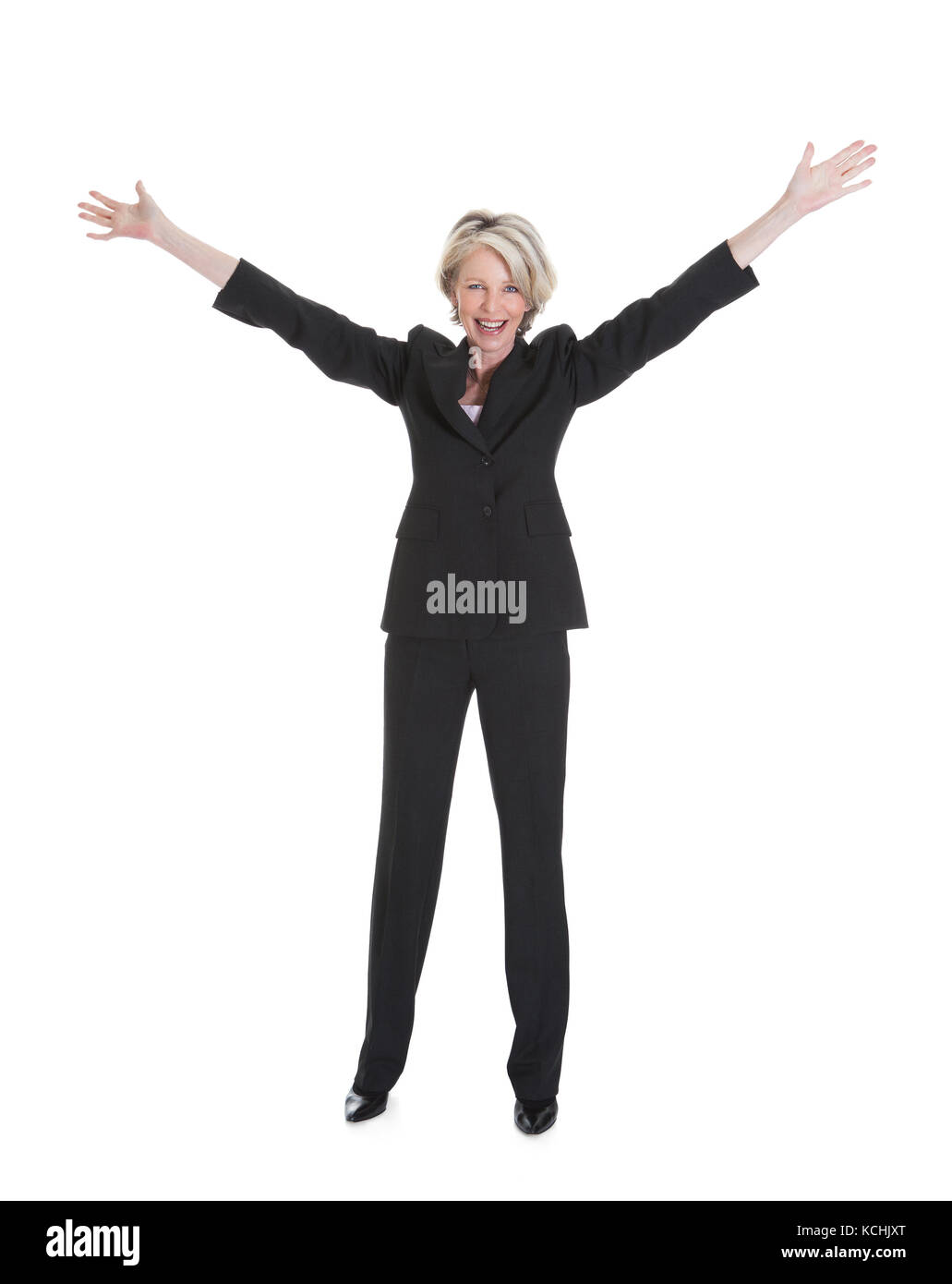 Portrait Of Excited Businesswoman Raising Hand On White Background ...