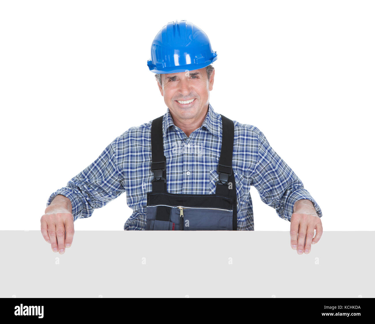 Happy Worker Over White Background Pointing Finger On Placard Stock ...