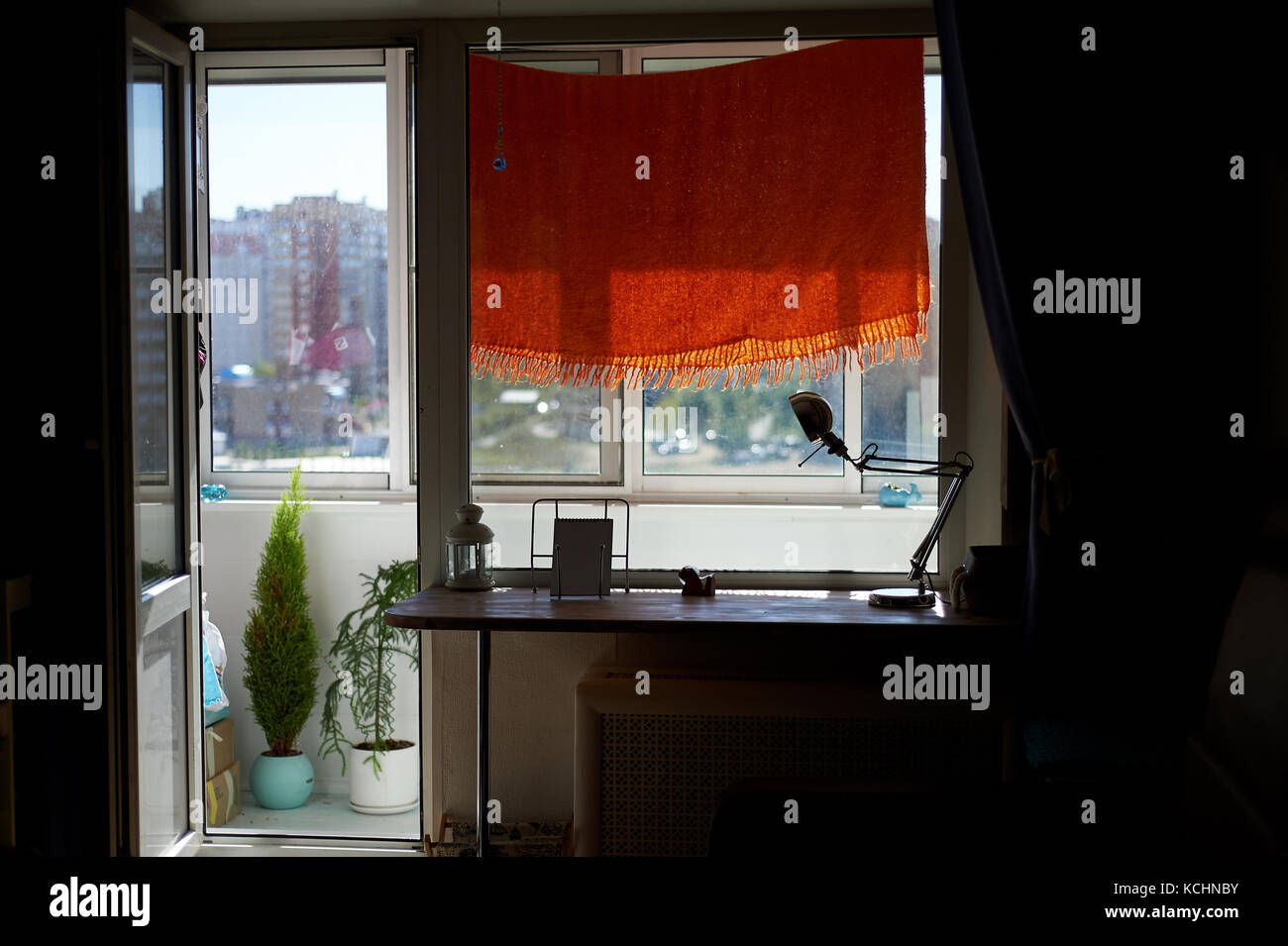 High countertop window sill, table lamp.A cozy place for reading Stock ...