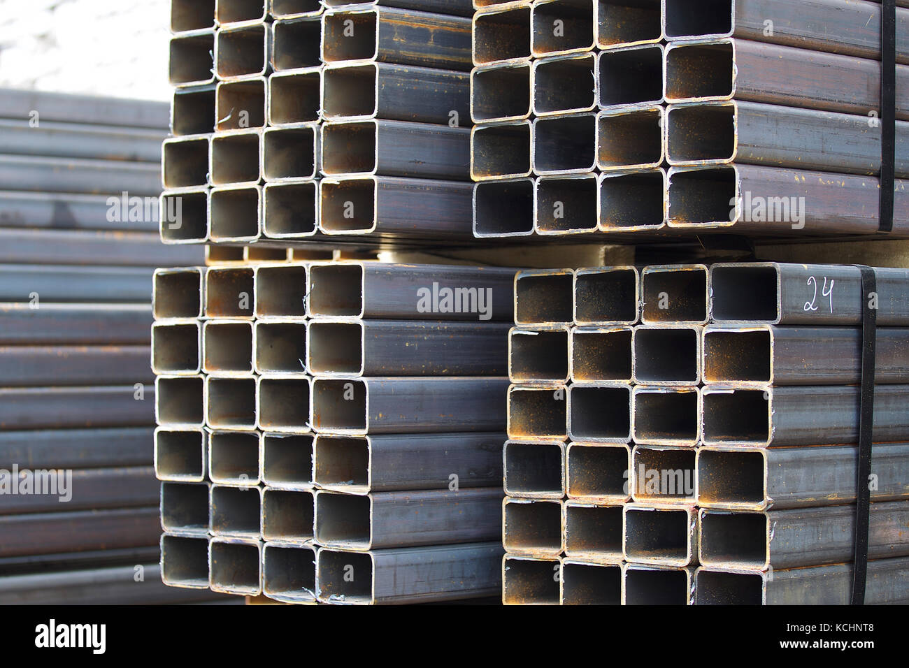 Metal profile pipe of rectangular cross section in packs at the ...