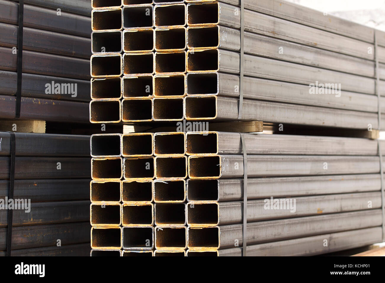 Metal profile pipe of rectangular cross section in packs at the ...