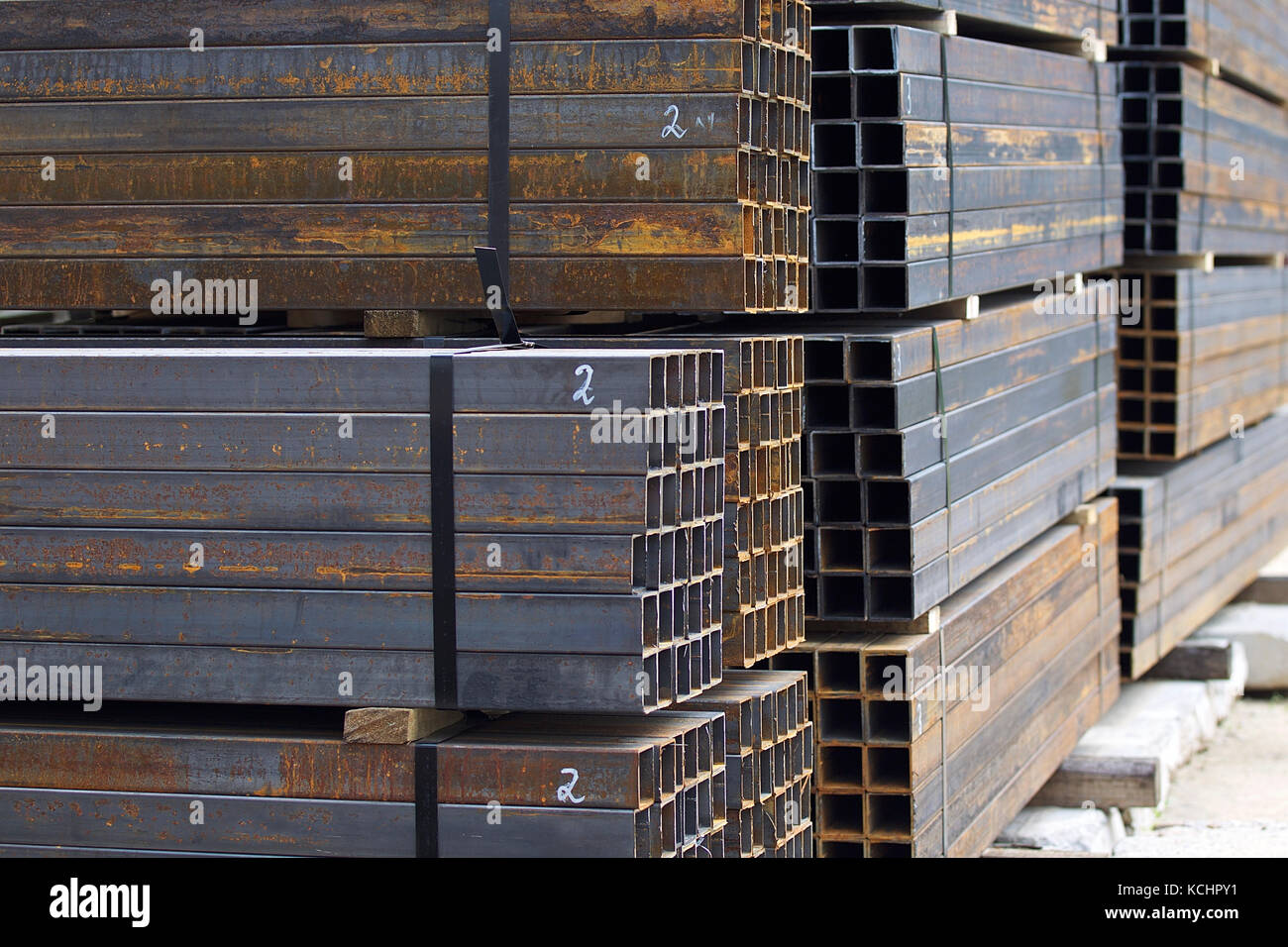 Metal profile pipe of rectangular cross section in packs at the ...