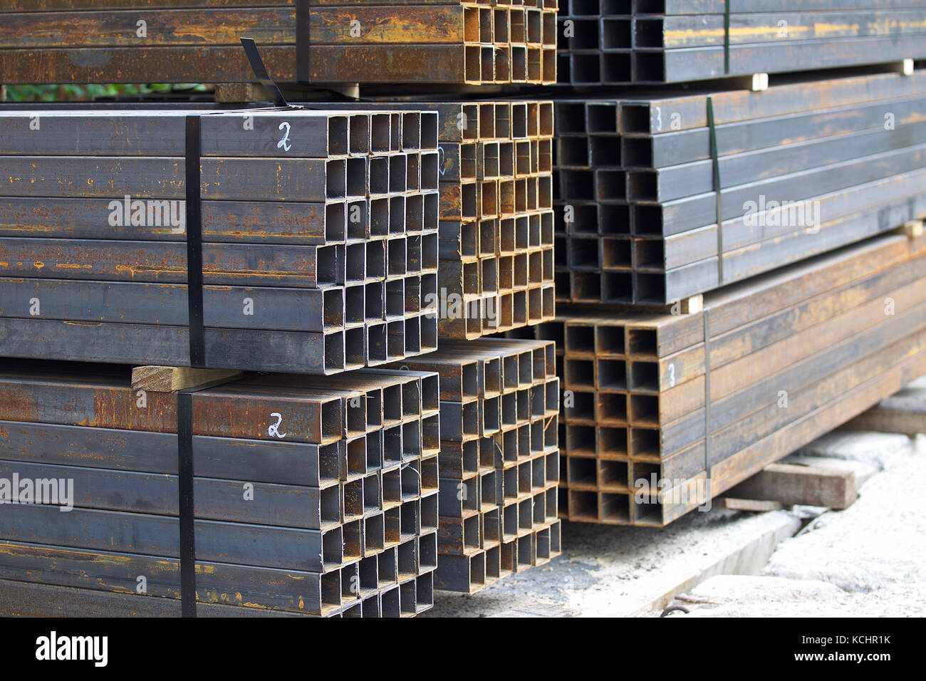 Metal profile pipe of rectangular cross section in packs at the ...