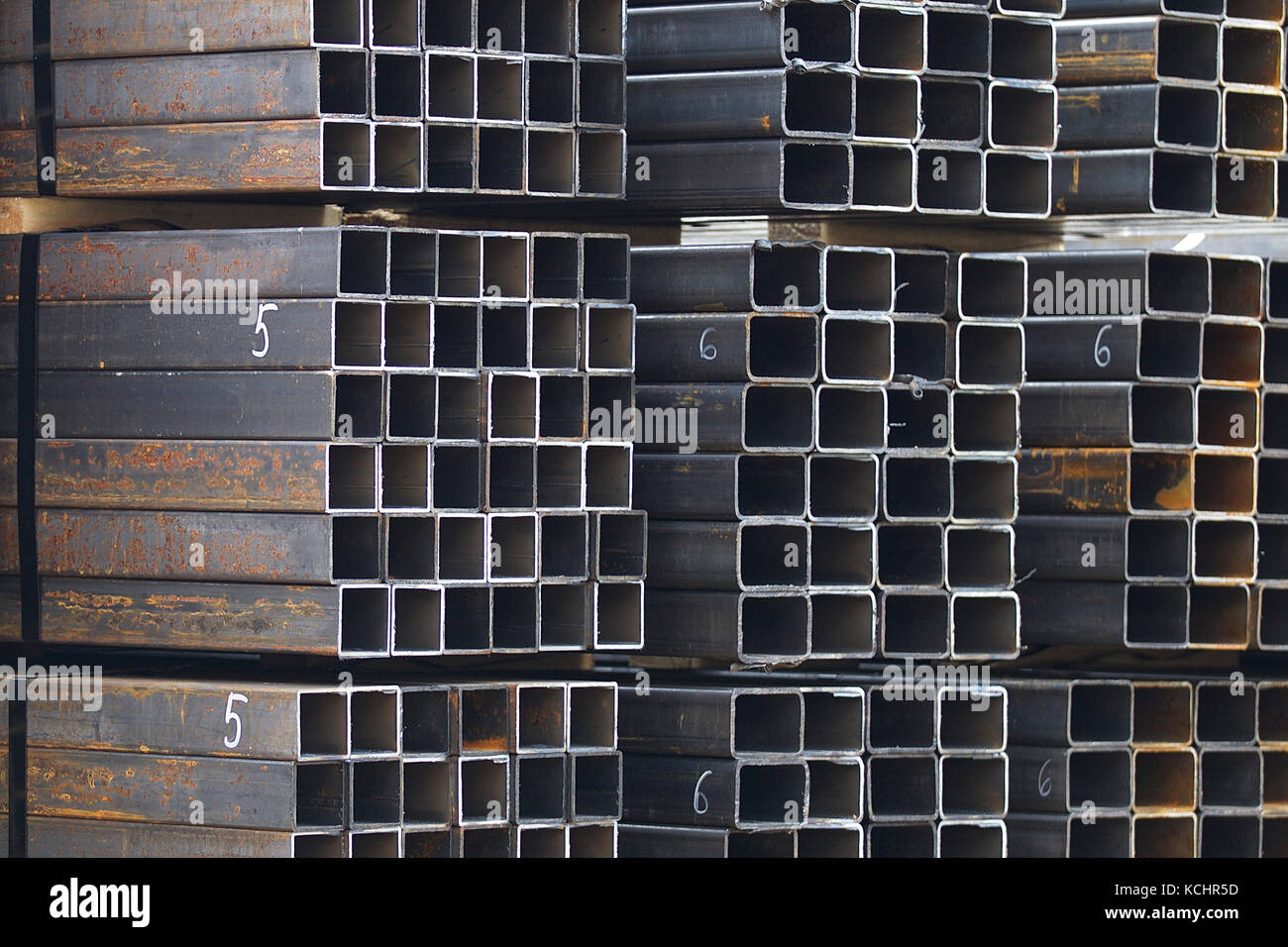 Metal profile pipe of rectangular cross section in packs at the ...