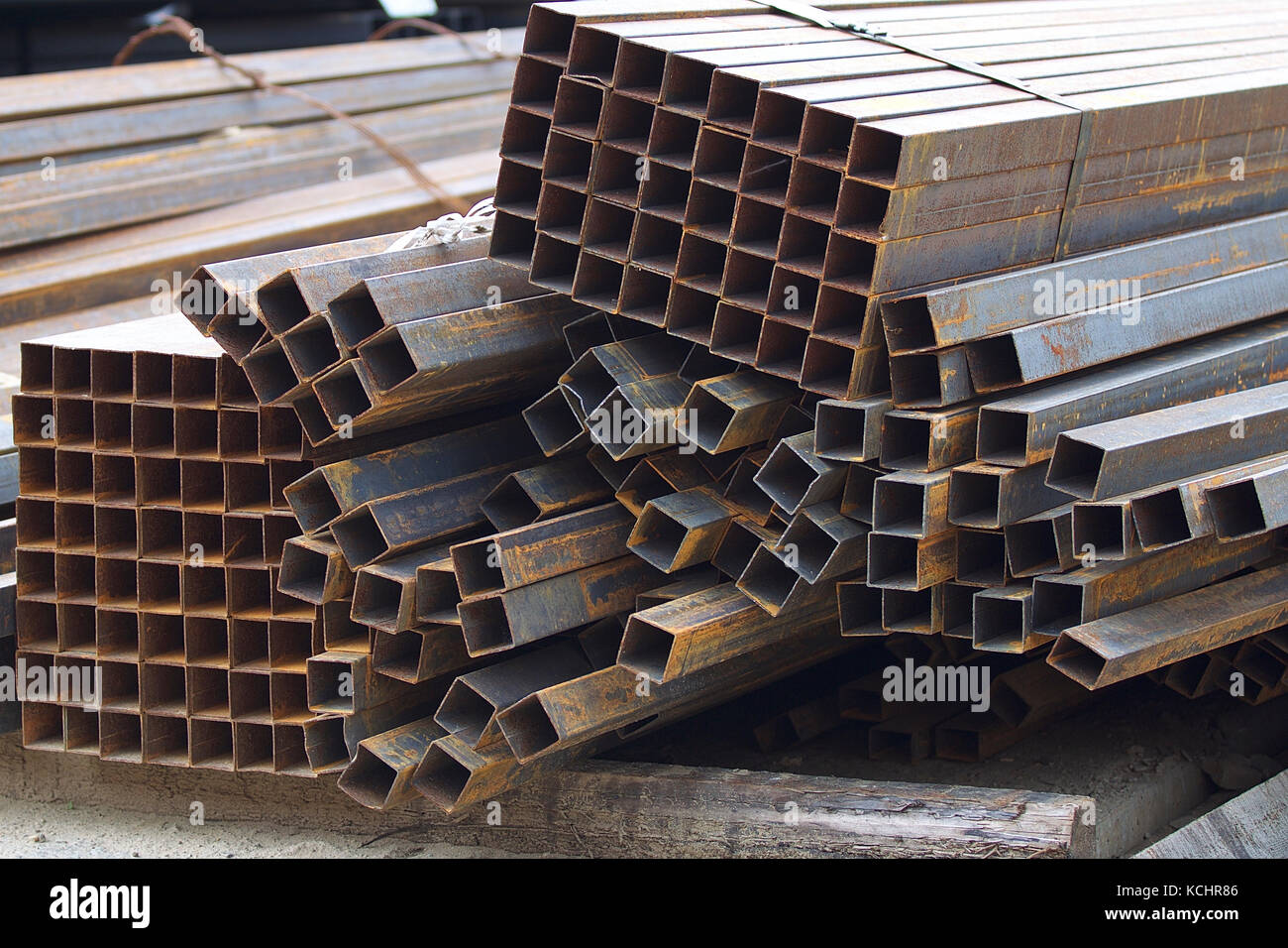 Metal profile pipe of rectangular cross section in packs at the ...