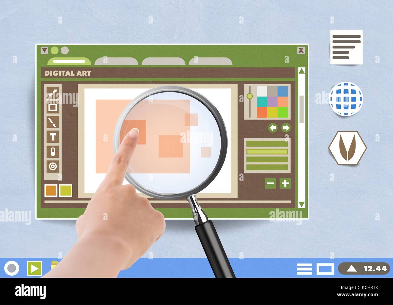 Digital composite of Hand touching Magnifying glass over digital art ...