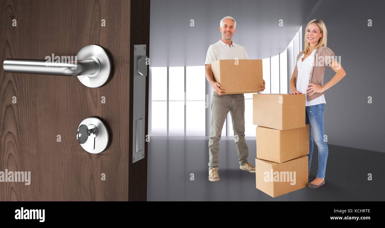 Digital composite of people moving boxes into new home Stock Photo - Alamy
