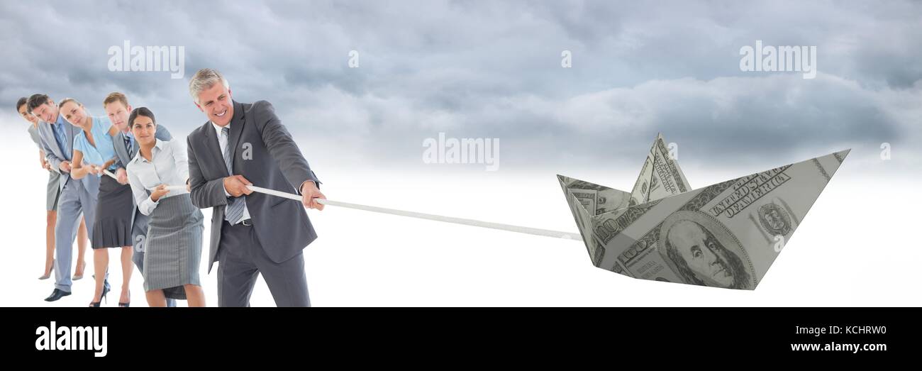 Digital composite of Business people pulling paper money dollar boat ...
