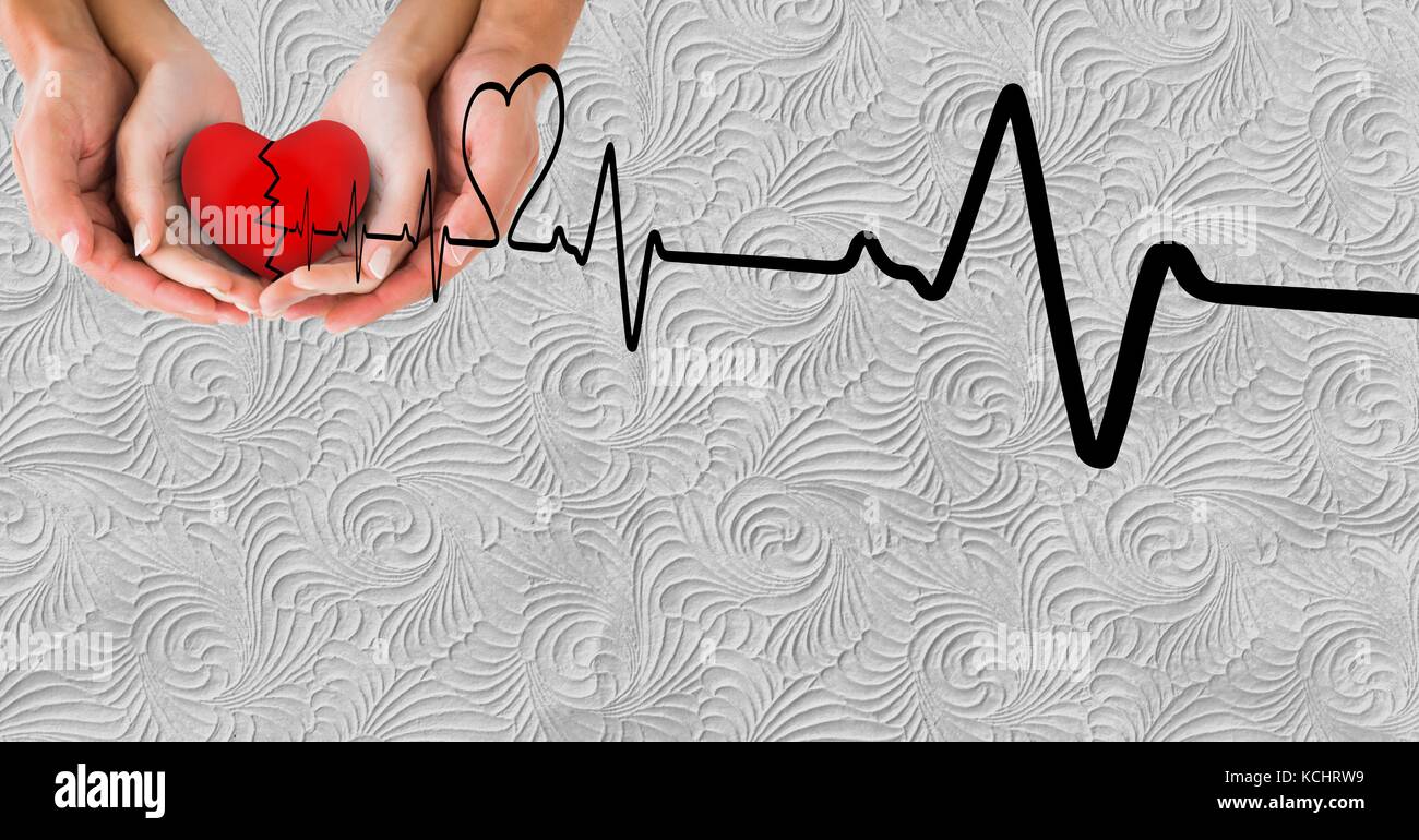 Digital composite of Heart beat over hands holding heart Stock Photo ...