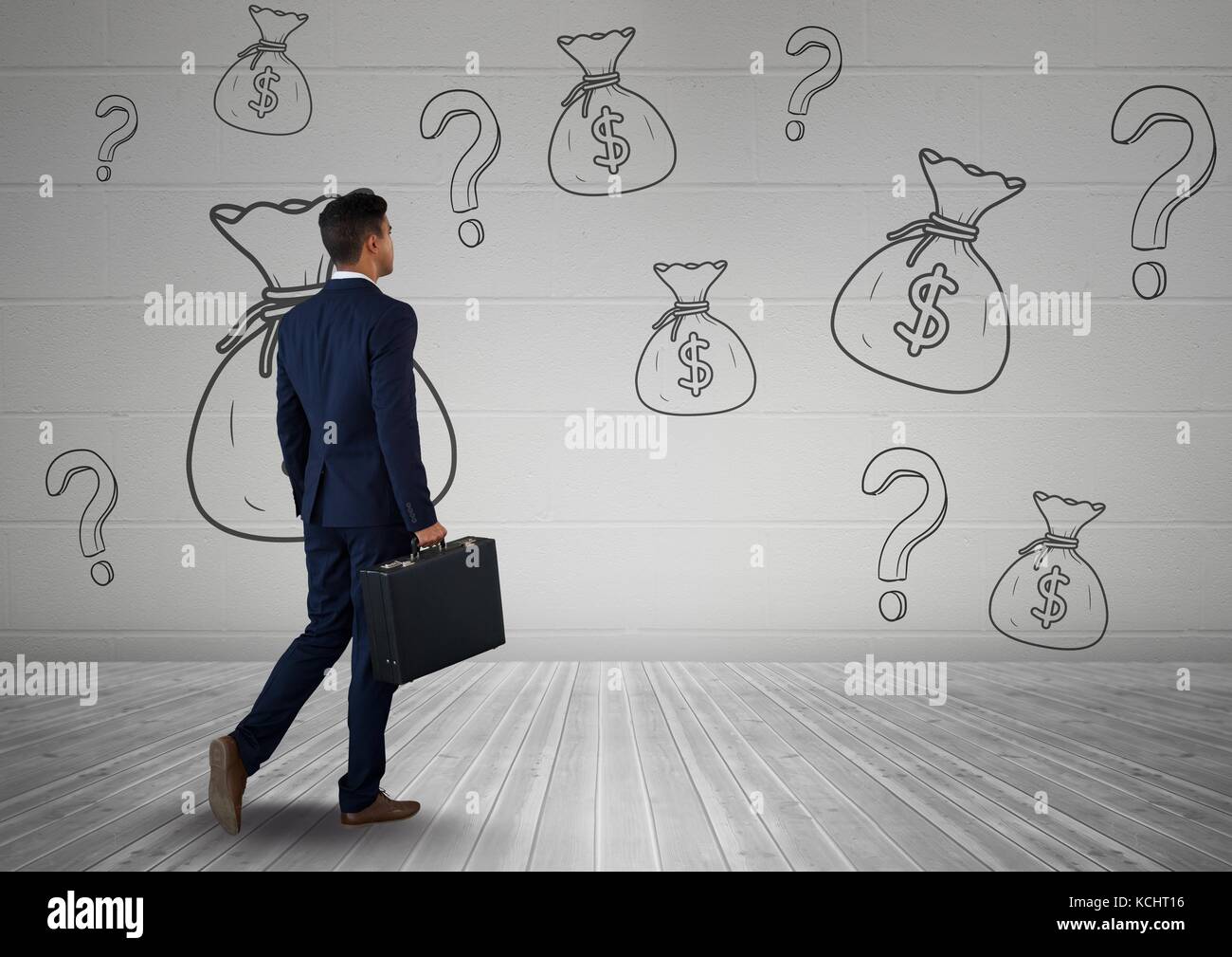 Digital composite of businessman in front of money on wall Stock Photo ...