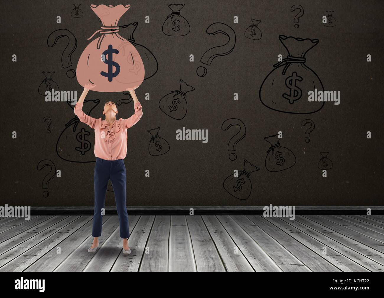 Digital composite of woman in front of money on wall Stock Photo - Alamy
