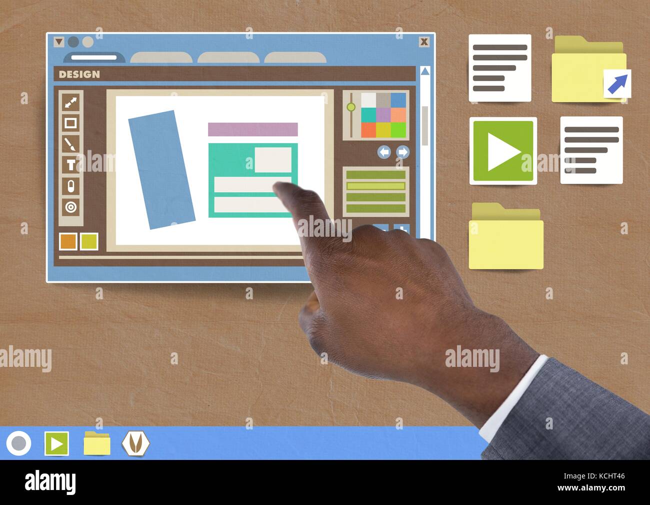 Digital composite of Hand touching Design editor window and Folder and ...