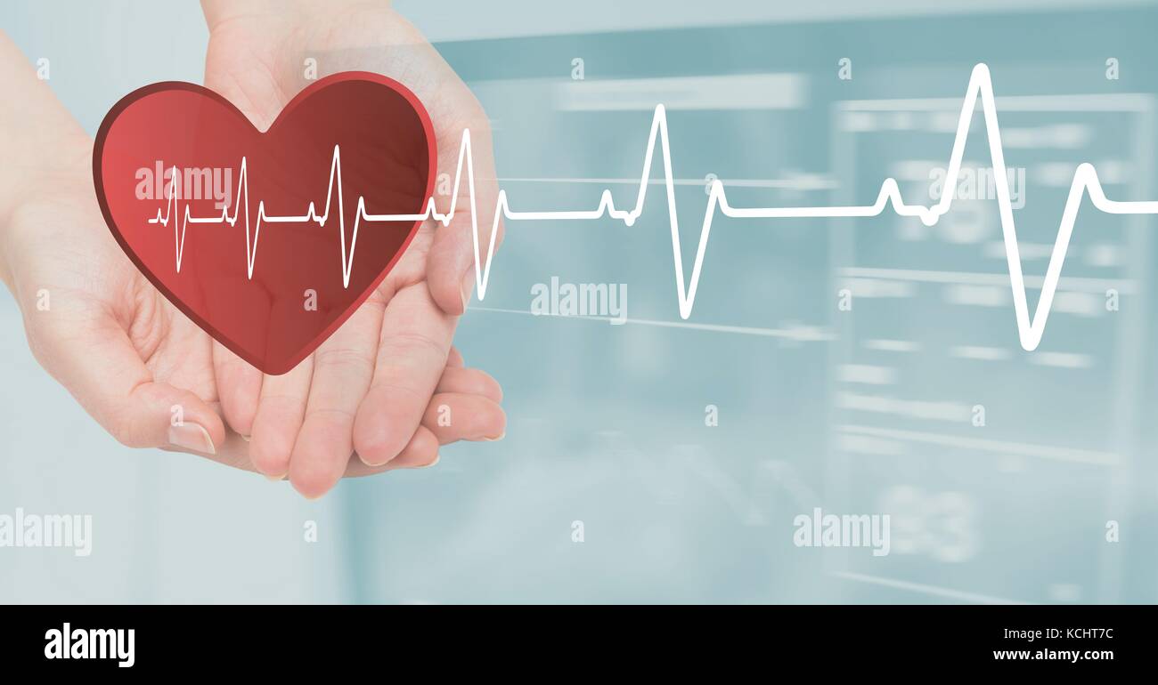Digital composite of Heart beat over hands holding heart Stock Photo ...