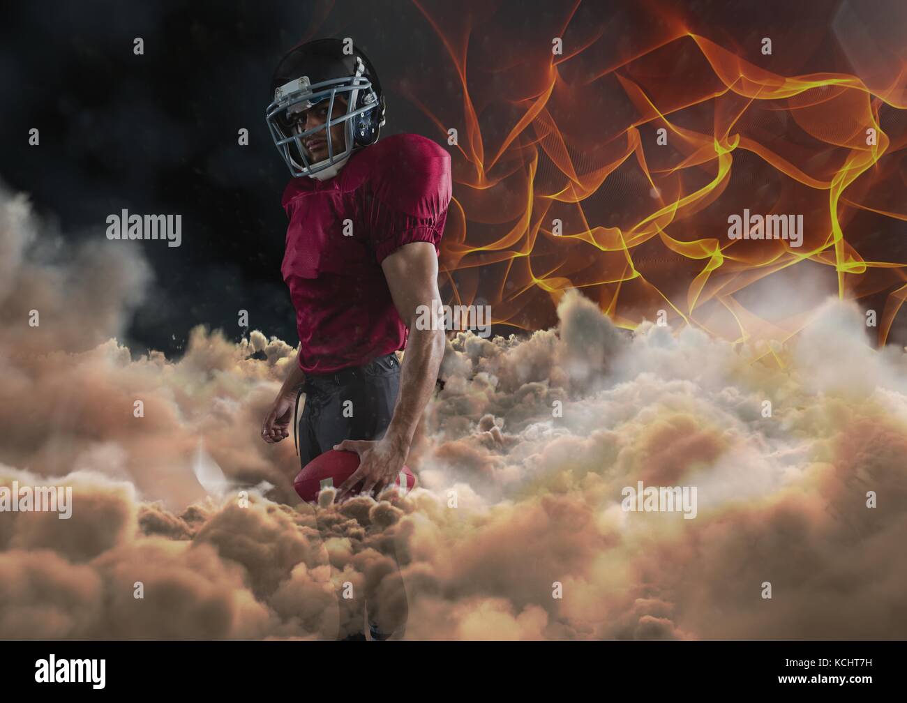 Digital composite of american football player with fire background ...