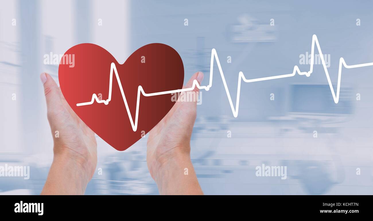 Digital composite of Heart beat over hands holding heart Stock Photo ...