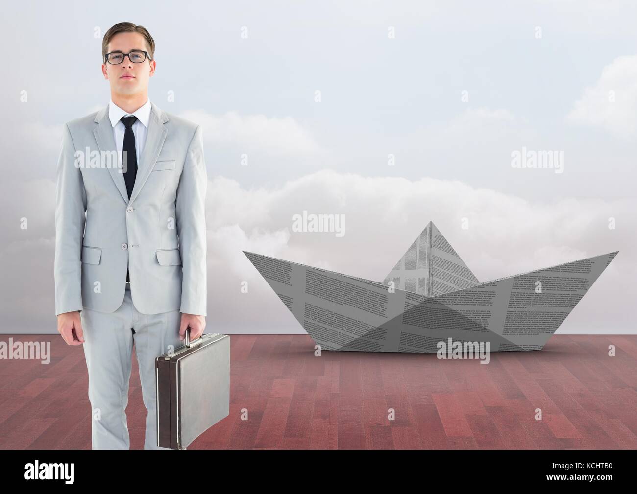 Digital composite of Businessman with briefcase and paper boat in sky ...