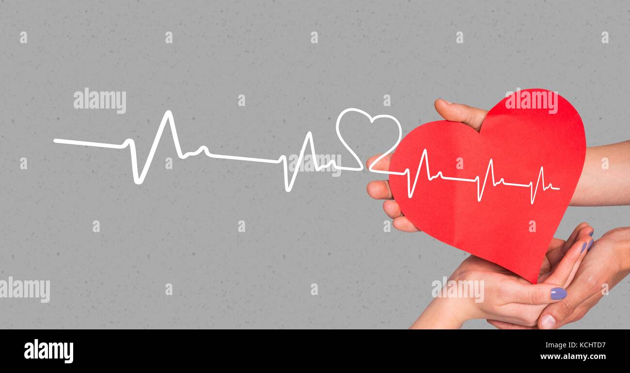 Digital composite of Heart beat over hands holding heart Stock Photo ...