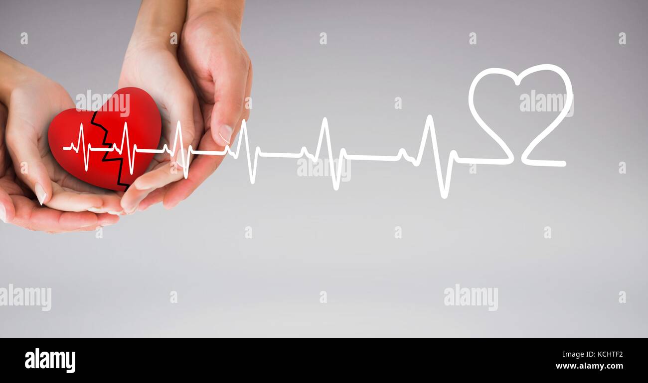 Digital composite of Heart beat over hands holding heart Stock Photo ...
