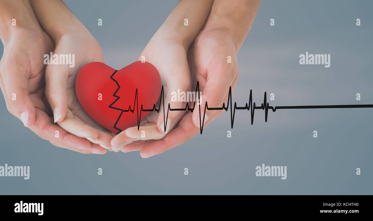 Digital composite of Heart beat over hands holding heart Stock Photo ...