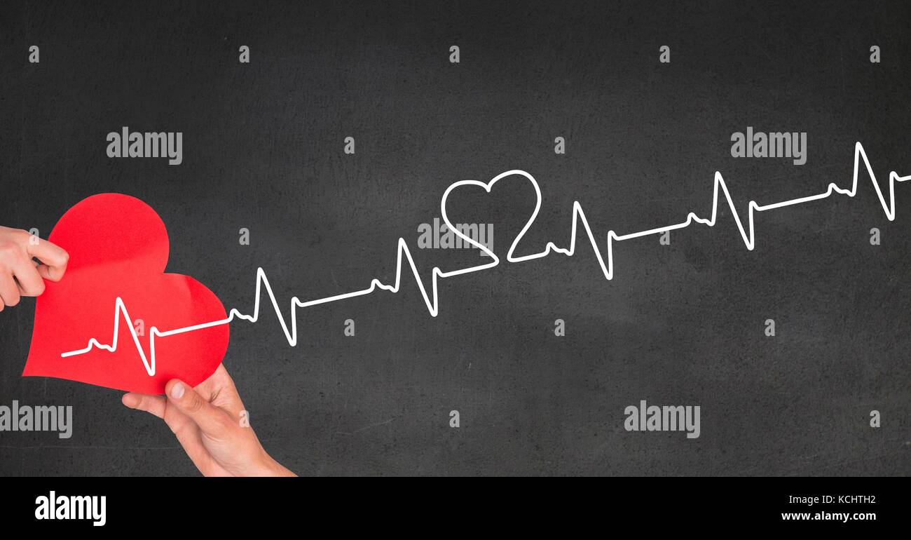 Digital composite of Heart beat over hands holding heart Stock Photo ...
