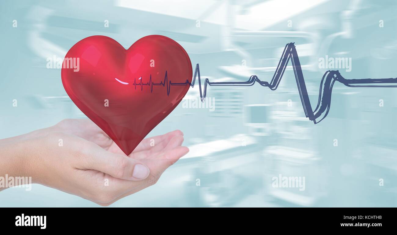 Digital composite of Heart beat over hands holding heart Stock Photo ...