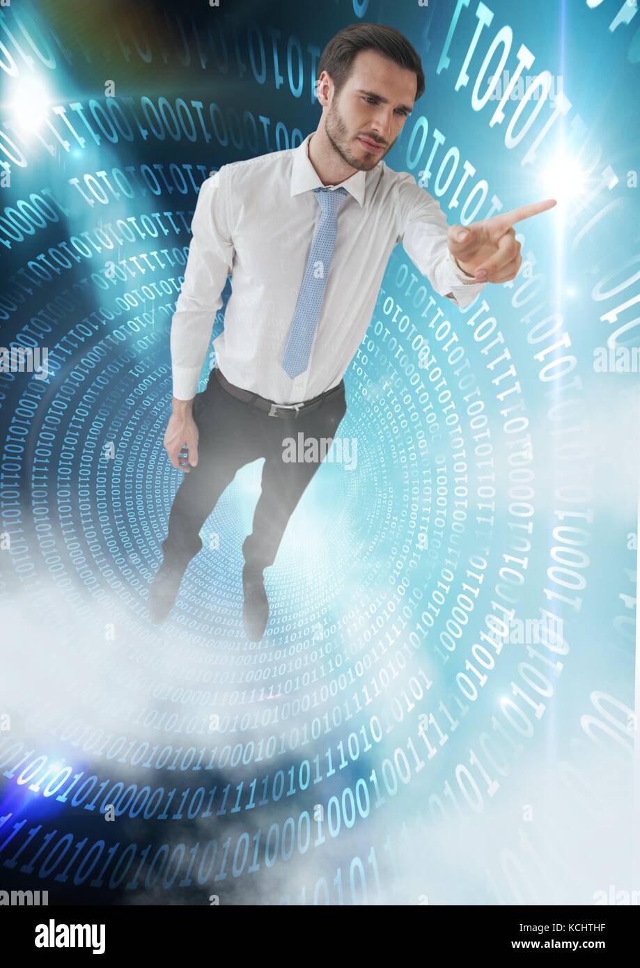 Digital composite of Businessman floating in tunnel of binary ...