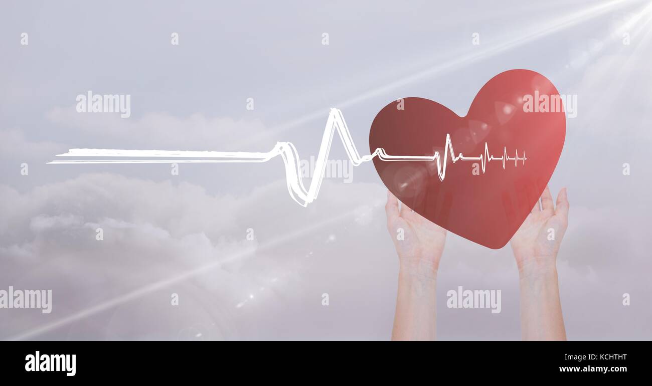 Digital composite of Heart beat over hands holding heart Stock Photo ...