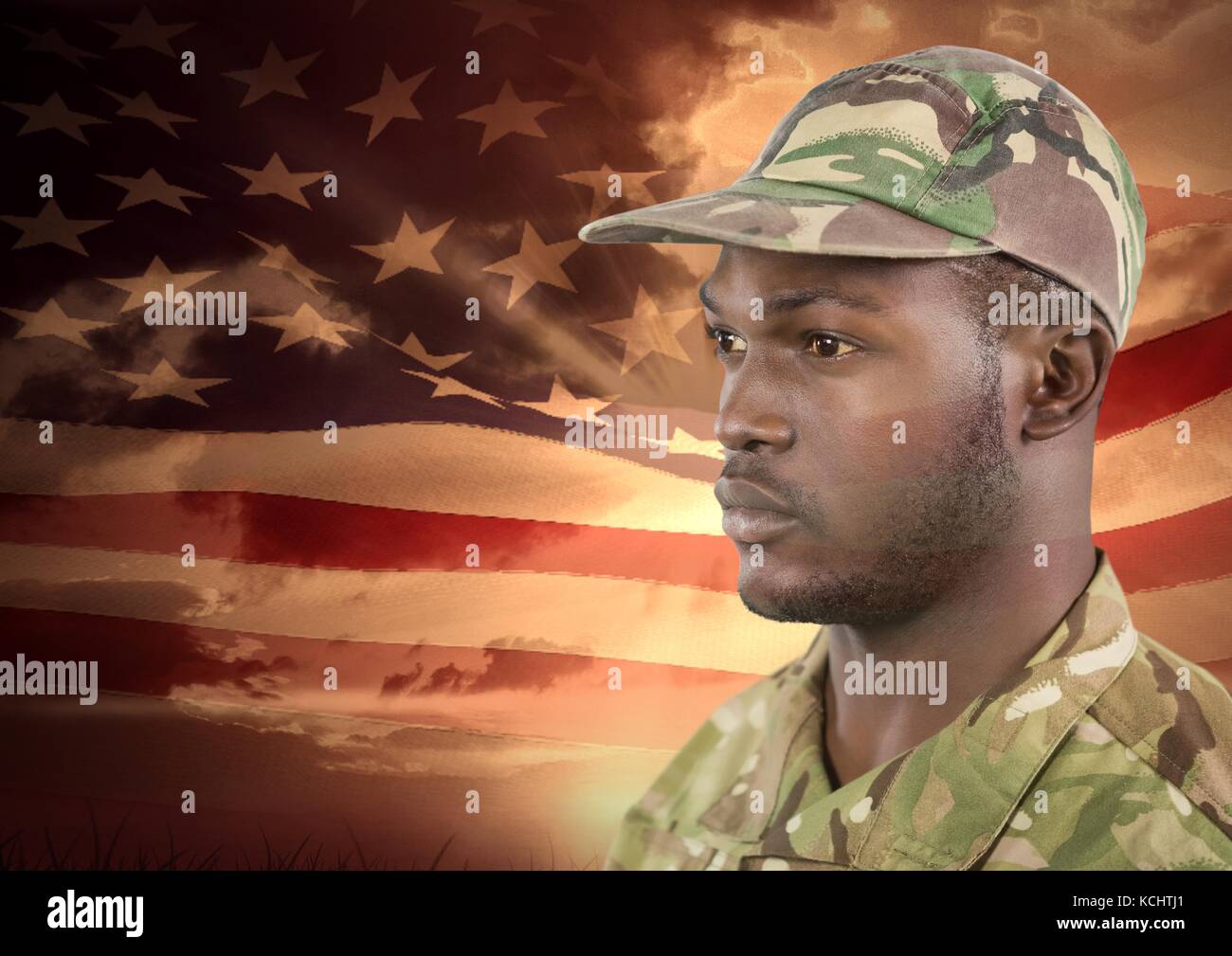 Digital composite of veterans day soldier in front of flag Stock Photo - Alamy