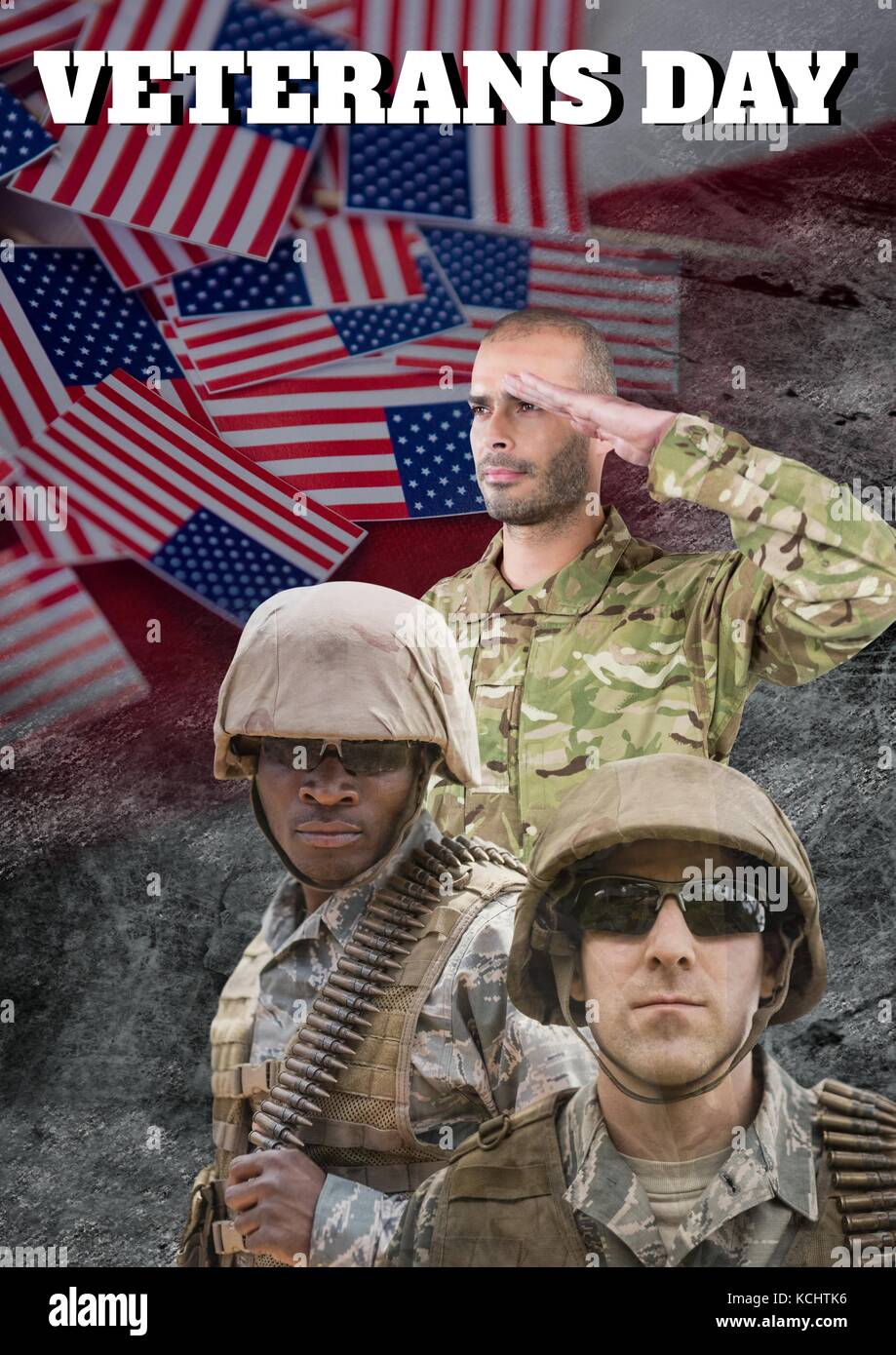 Digital composite of veterans day soldiers in front of flag Stock Photo ...