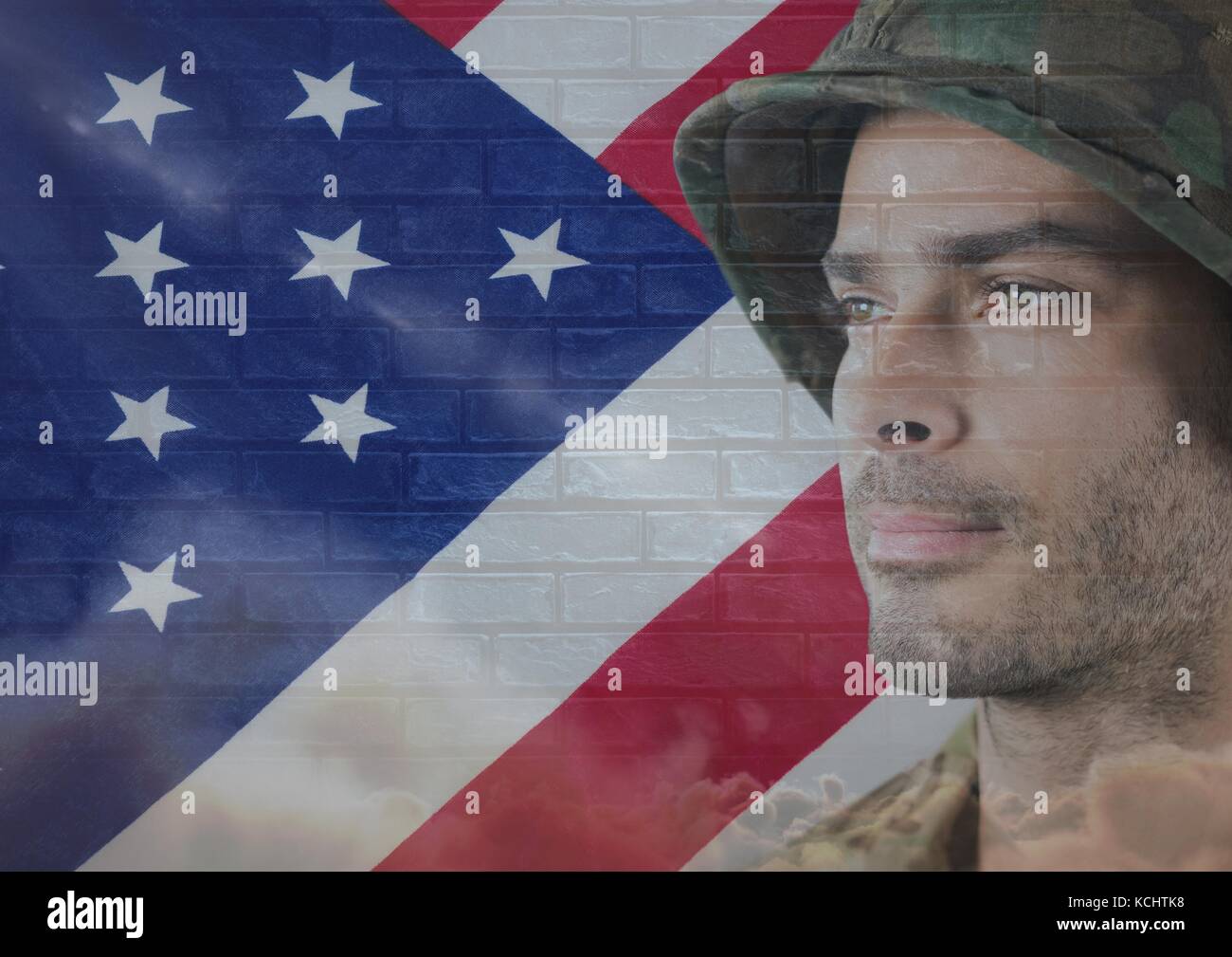 Digital composite of veterans day soldier in front of flag Stock Photo - Alamy
