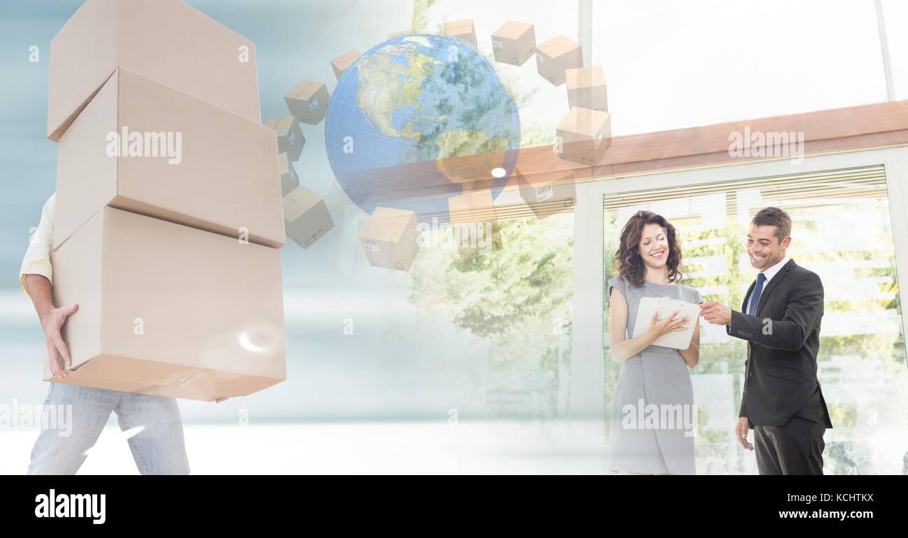 Digital composite of people moving boxes into new home with key Stock ...
