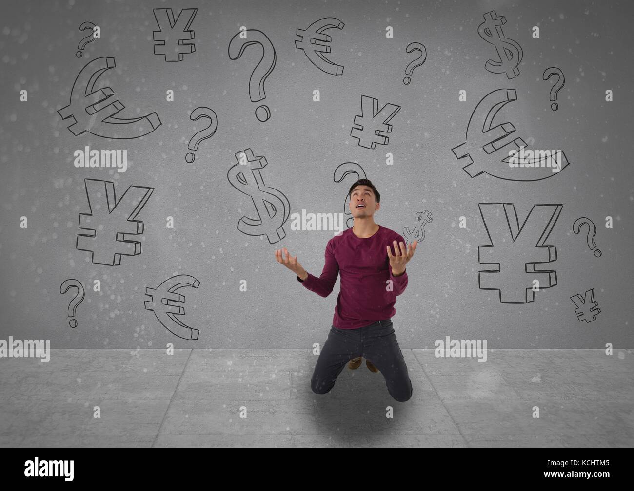 Digital composite of businessman desperate in front of money on wall ...