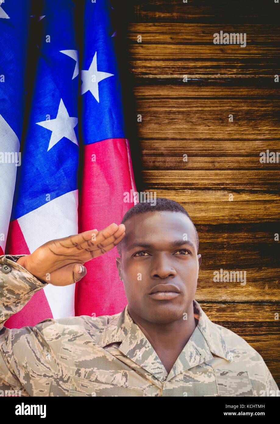 Digital composite of veterans day soldier in front of flag Stock Photo - Alamy