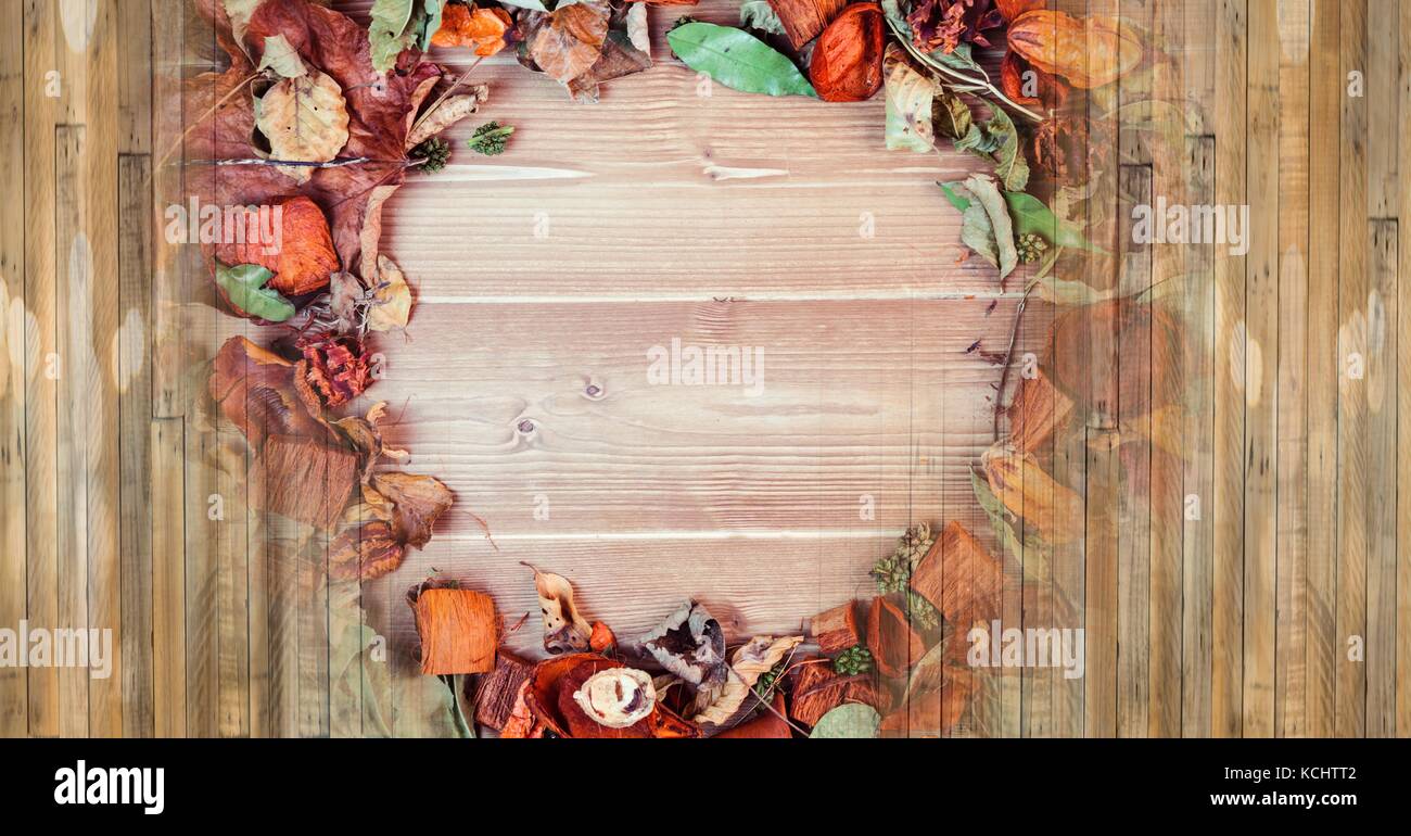 Digital composite of Autumn wood and rustic leaves circle Stock Photo ...