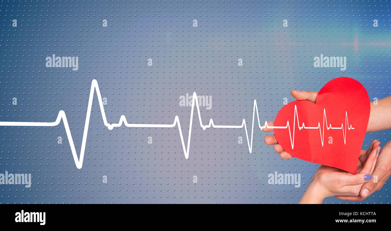 Digital composite of Heart beat over hands holding heart Stock Photo ...
