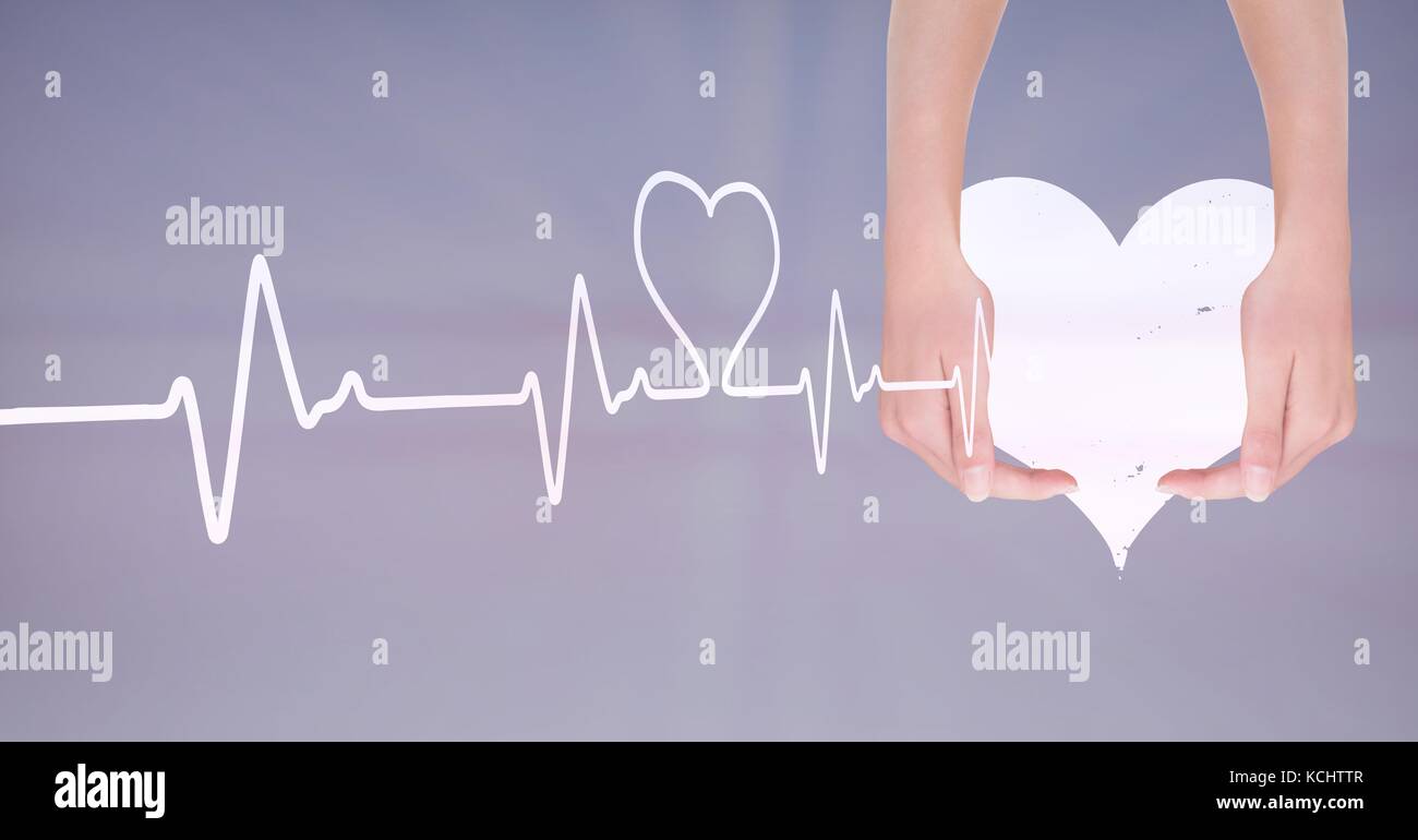 Digital composite of Heart beat over hands holding heart Stock Photo ...