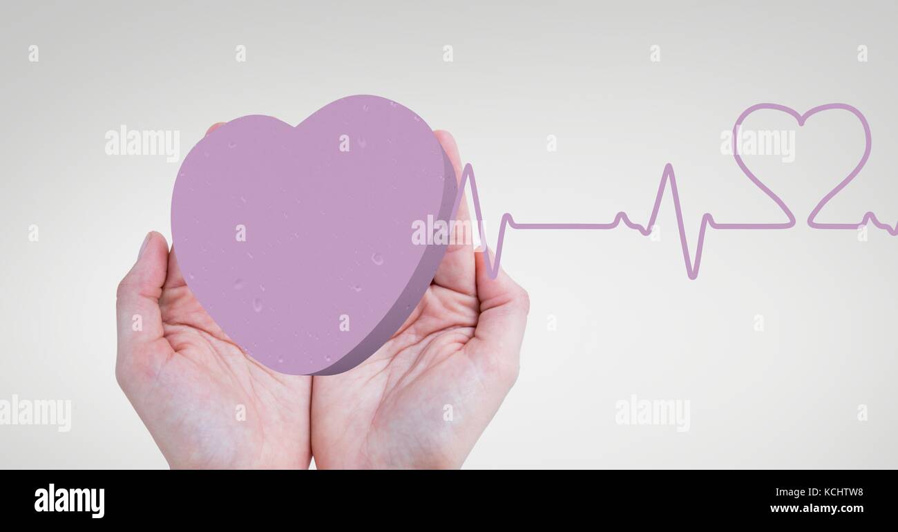 Digital composite of Heart beat over hands holding heart Stock Photo ...