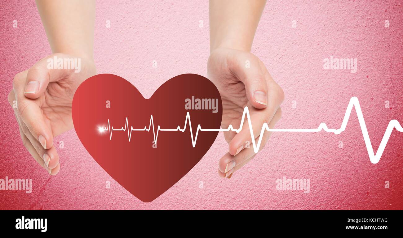 Digital composite of Heart beat over hands holding heart Stock Photo ...