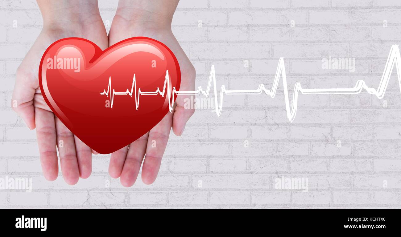 Digital composite of Heart beat over hands holding heart Stock Photo ...