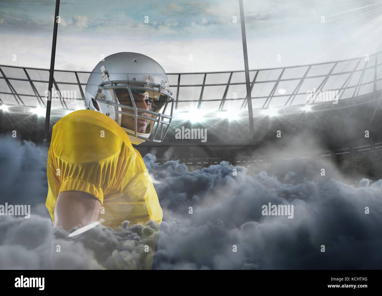 Digital composite of american football player in stadium with smoke ...